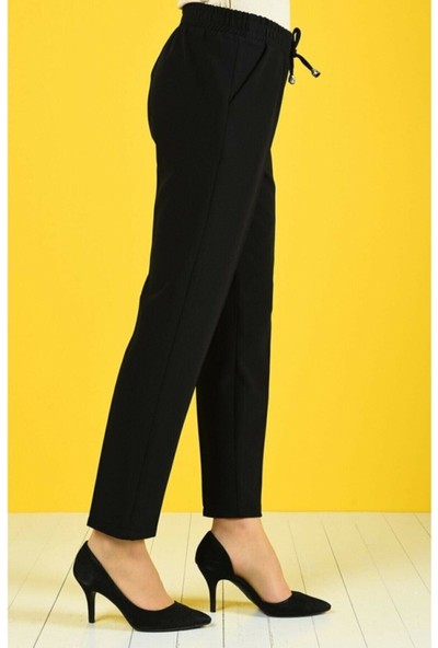Moda Mihran Kadın Siyah Beli Lastikli Kumaş Pantolon