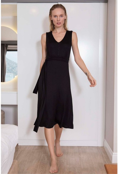 Monamise Kadın Siyah Sıfır Kol Kuşaklı Hamile Elbise 20022