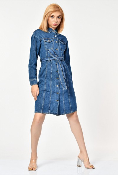 Newgen Kemer Detaylı Uzun Denim Elbise - Mavi Mavi - 40