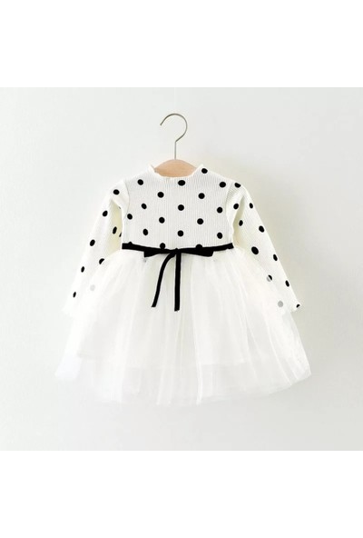 Şirin Şeyler Butiği Linda Kız Bebek Çocuk Uzun Kol Elbise Puantiyeli Esnek Likralı Beyaz