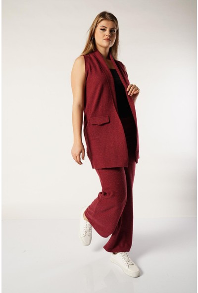 Nelly Kadın Büyük Beden Şal Yaka Yırtmaçlı Triko Yelek