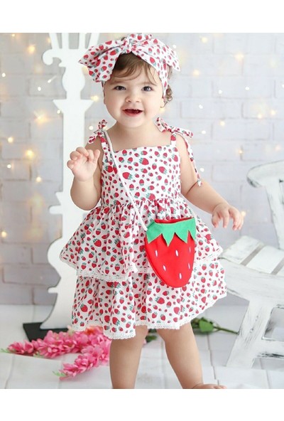 Mikado Çocuk Beyaz Kırmızı Çantalı Çilek Elbise Mikado Çocuk Beyaz Kırmızı Çantalı Çilek Elbise