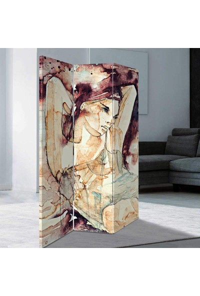 Stella Store Kadın Güzelliği 3 Kanatlı Oda Bölücü Çift Taraflı Kanvas Paravan