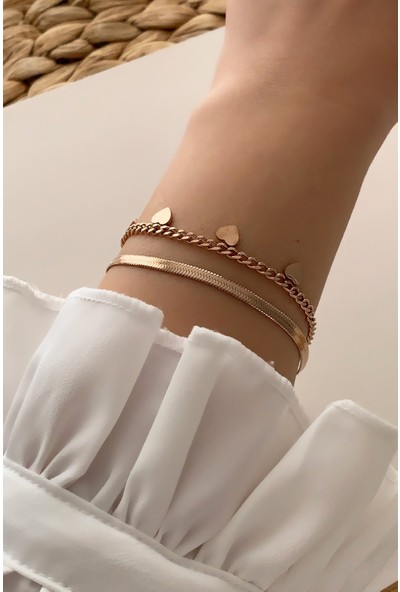 ÇLK Accessories Çelik Plaka Kalp Figür Ikili Italyan Zincir Çelik Bileklik TRBILEK773 B35003