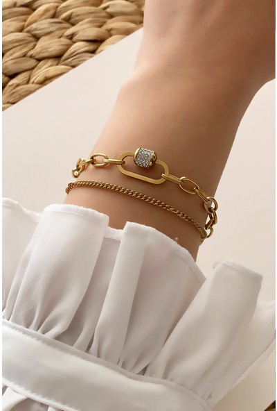 ÇLK Accessories Çelik Taşlı Geçmeli Ikili Zincir Çelik Bileklik TRBILEK7737 B35003
