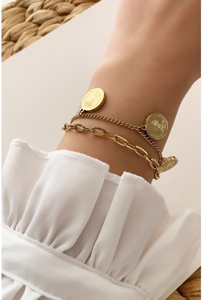 ÇLK Accessories Çelik Madalyon Bileklik Ikili Geçmeli Zincir Model Çelik Bileklik TRBILEK7738 B3500