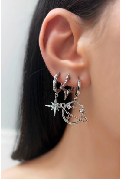 ÇLK Accessories 3 Lü Taşlı Satürn Küpe Kombin TRKÜPE34105 B34003