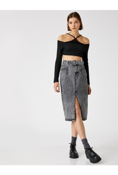 Koton Yırtmaçlı Midi Kot Etek