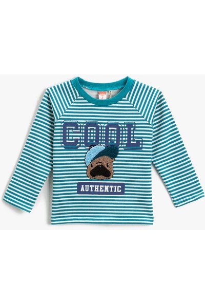 Koton Cool Baskılı Çizgili Sweatshirt Bisiklet Yaka Pamuklu