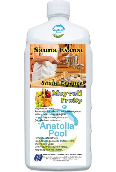 Anatolia Pool Sauna Buhar Esansı Meyveli 1 Lt. ( Sauna Essence Fruity) Anatolia Pool Sauna Buhar Esansı Meyveli 1 Lt. ( Sauna Essence Fruity)