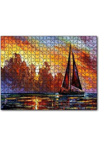Cakapuzzle Günbatımı Kızıl Bulutlar ve Yelkenli Yağlıboya 120 Parça Puzzle Yapboz Mdf (Ahşap)