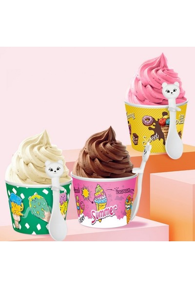 River World 4 Parça Renkli Dondurma Kasesi Kaşık Seti Sevimli Kedi Figürlü Plastik