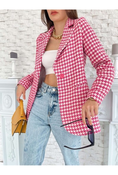 Kazayağı Desenli Vatkalı Düğmeli Kaşe Blazer Ceket Saks Mavi