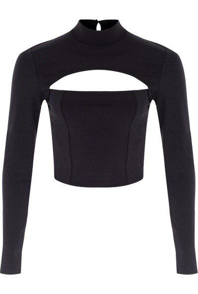 Quzu Cut Out Hakim Yaka Bluz Siyah