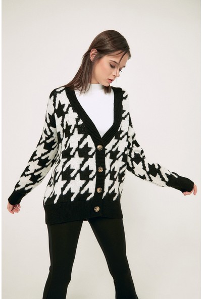 FullaModa Kazayağı Desenli Oversize Triko Hırka