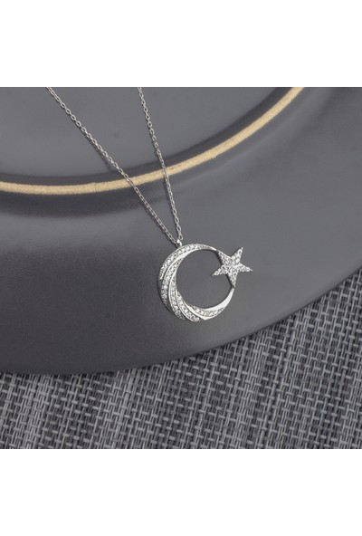 Ravza Gümüş 925 Ayar Gümüş Zirkon Taşlı Ay Yıldız Kolye