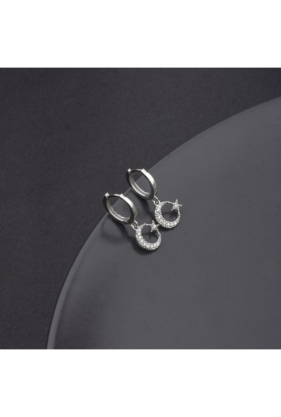 Ravza Gümüş 925 Ayar Gümüş Ay Yıldız Sallantılı Küpe