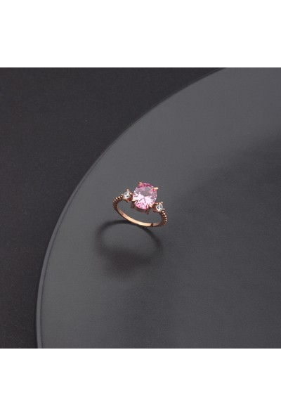 Ravza Gümüş 925 Ayar Gümüş Pembe Taşlı Nokta Kollu Yüzük