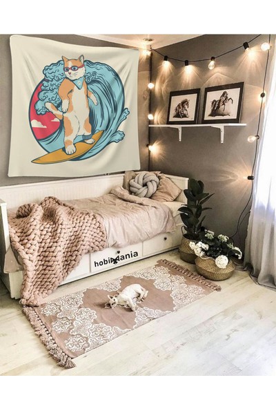 Hobimania Duvar Örtüsü Tapestry Sörf Yapan Kedi Surfing Cat 100X100 cm Duvar Dekorasyon Moda