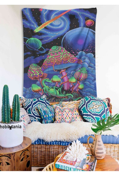 Hobimania Duvar Örtüsü Tapestry Mavi Mantar Psychedelic 150X100 cm Duvar Dekorasyon Moda
