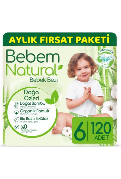 Bebem Natural Bebek Bezi 6 Beden E.large Aylık Fırsat Paketi 120 Adet Bebem Natural Bebek Bezi 6 Beden E.large Aylık Fırsat Paketi 120 Adet