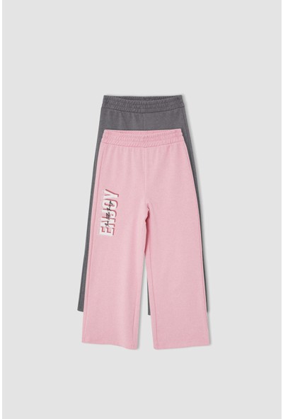 DeFacto Kız Çocuk Regular Fit Baskılı Geniş Paça Pamuklu 2'li Eşofman Altı W0562A621WN