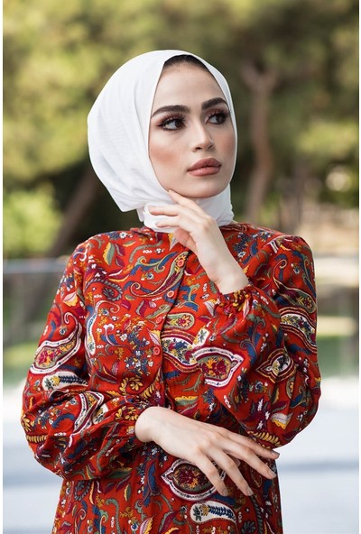 Bestenur Şal Desen Dokuma Elbise - Kiremit Bestenur Şal Desen Dokuma Elbise - Kiremit