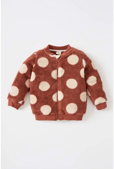 DeFacto Kız Bebek Bomber Yaka Fermuarlı Puantiyeli Pelüş Isı Yalıtımlı Warmtech Hırka W4080A221WN