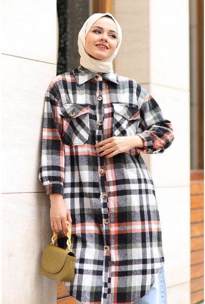 İlkimay Ekose Desen Çift Cepli Uzun Gömlek - Somon