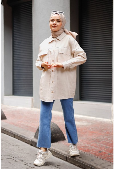 Bestenur Kapak Cepli Gabardin Gömlek Tunik - Taş Bestenur Kapak Cepli Gabardin Gömlek Tunik - Taş