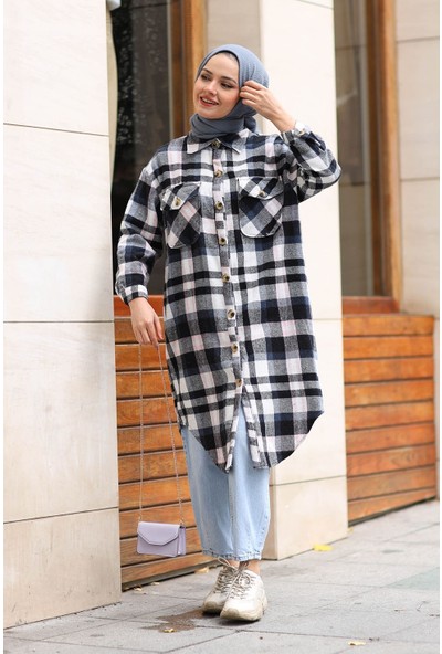 Bestenur Ekose Desen Çift Cepli Uzun Gömlek - Pudra