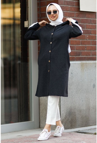 Bestenur Kapüşonlu Boydan Düğmeli Kap - Antrasit