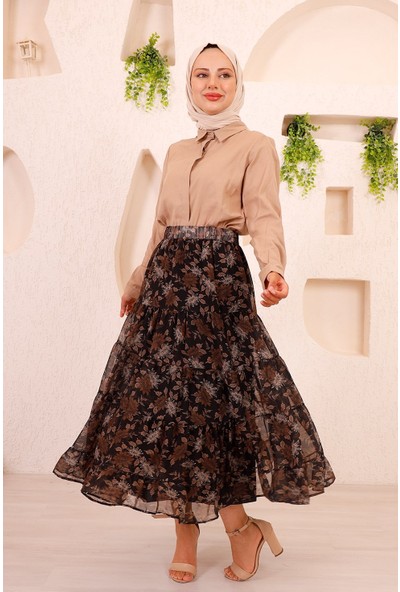 İlkimay Zambak Desen Şifon Etek - Kahve