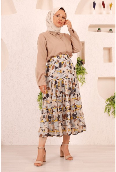 İlkimay Sarmaşık Desen Şifon Etek - Vizon
