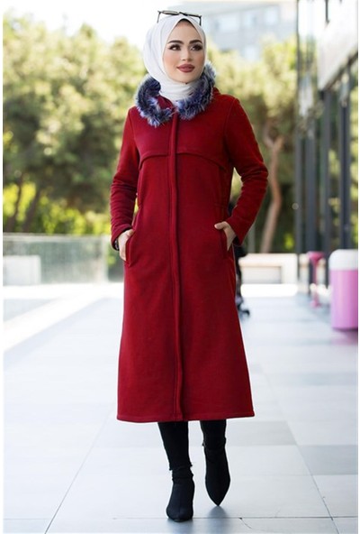 İlkimay Kürk Kapüşonlu Boydan Fermuarlı Tesettür Kap - Bordo İlkimay Kürk Kapüşonlu Boydan Fermuarlı Tesettür Kap - Bordo