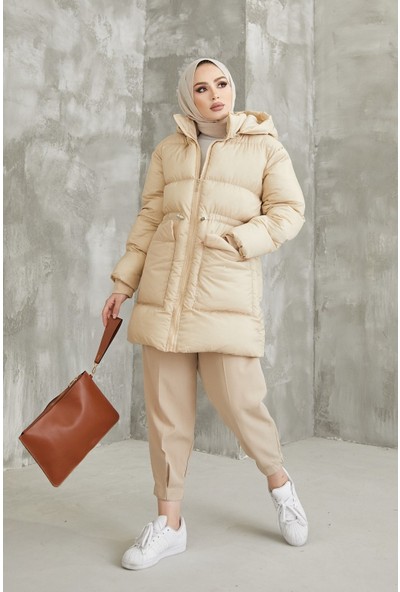 İlkimay Çift Cepli Belden Lastikli Kapüşonlu Şişme Mont - Bej İlkimay Çift Cepli Belden Lastikli Kapüşonlu Şişme Mont - Bej