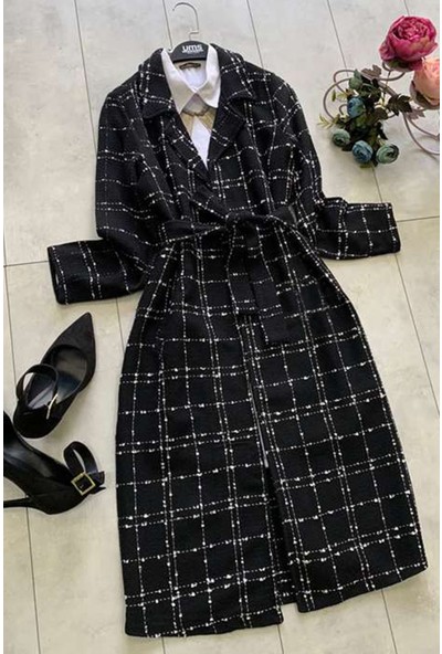 İlkimay Çizgi Detay Kemerli Tüvit Tesettür Kap - Siyah