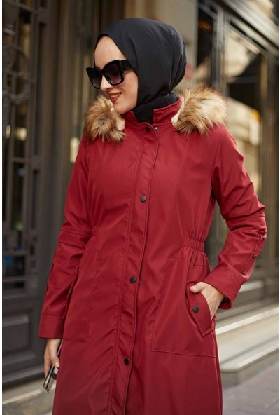 İlkimay Kolları Çakımlı Içi Kürklü Mont - Bordo