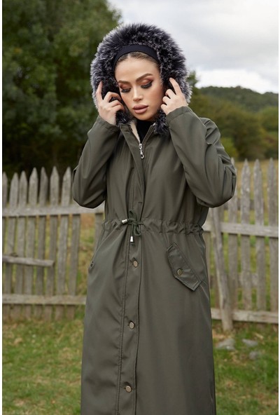 İlkimay Içi Polar Uzun Kürklü Mont - Haki