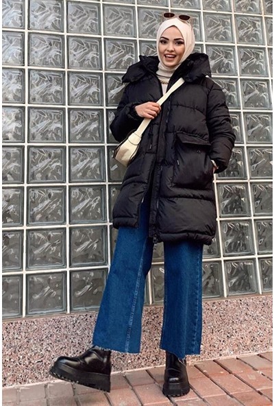 İlkimay Çift Cepli Belden Lastikli Kapüşonlu Şişme Mont - Siyah İlkimay Çift Cepli Belden Lastikli Kapüşonlu Şişme Mont - Siyah