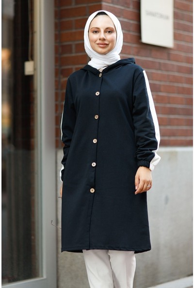 Bestenur Kapüşonlu Boydan Düğmeli Kap - Siyah