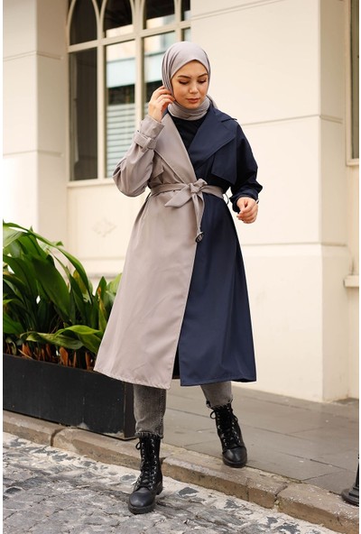 İlkimay Kruvaze Yaka Iki Renkli Trençkot - Lacivert