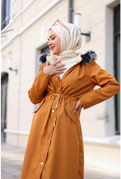 İlkimay Içi Polar Uzun Kürklü Mont - Hardal