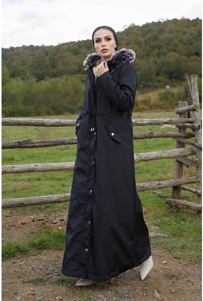 Bestenur Içi Polar Uzun Kürklü Mont - Siyah Bestenur Içi Polar Uzun Kürklü Mont - Siyah