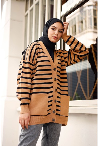 İlkimay Çizgi Desen Salaş Triko Hırka - Vizon