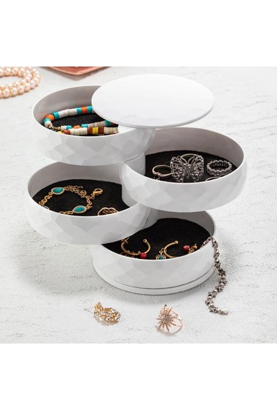 Vienev Elmas 4 Katlı Dönebilen Silindir Takı Organizeri Beyaz