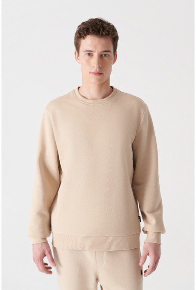 AVVA Erkek Bej Bisiklet Yaka Düz Sweatshirt E001017