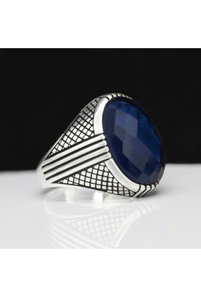 Taja925 Erkek Mavi Zirkon Taşlı 925 Ayar Gümüş Yüzük B909