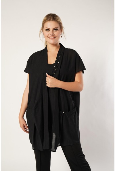 Nelly Yaka Taş Detaylı Büyük Beden Döküm Yaka Siyah Hırka