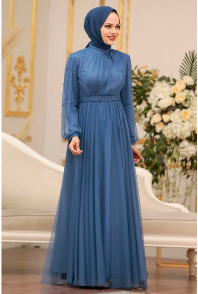 Neva Style Tesettürlü Abiye Elbise - Inci Detaylı Indigo Mavisi Tesettür Abiye Elbise 5514IM Neva Style Tesettürlü Abiye Elbise - Inci Detaylı Indigo Mavisi Tesettür Abiye Elbise 5514IM